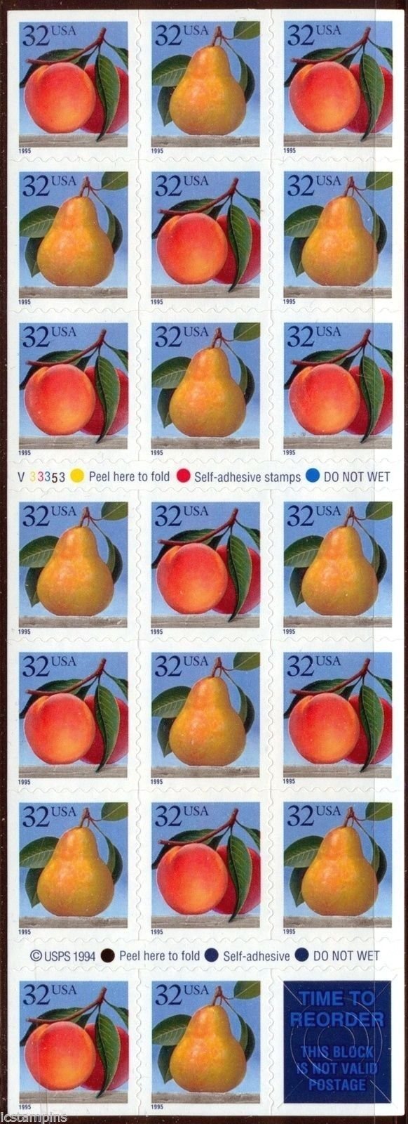US Stamp - 1995 Pears & Peaches - Booklet of 20 Stamps - Scott #2494a