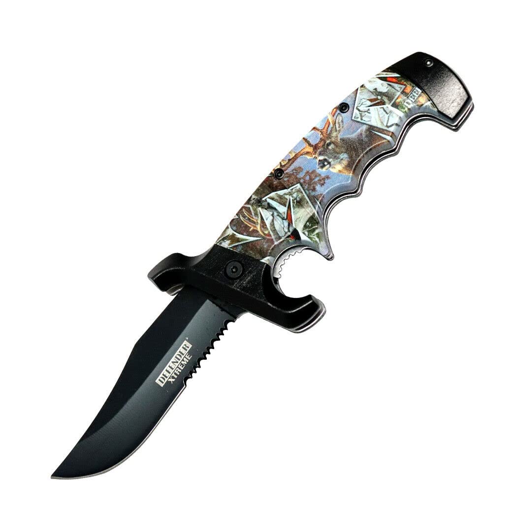 Defender-Xtreme 9" Stag Hunt Handle Open Folding Pocket Knife With Belt Clip Outdoor Survival Hunting Knife for Camping by Survival Steel