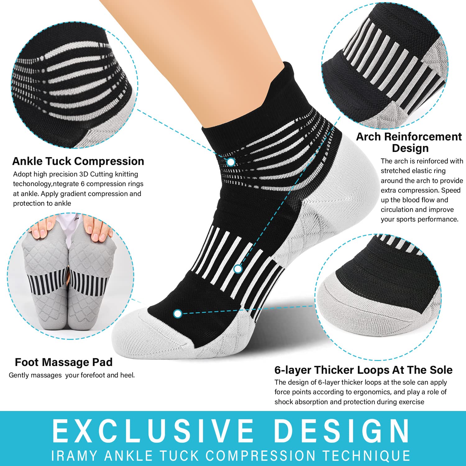IRAMY Compression Ankle Support Socks Foot Massage Pad 3 Pairs Athletic Running Light Cushion Plantar Fasciitis For Men Women
