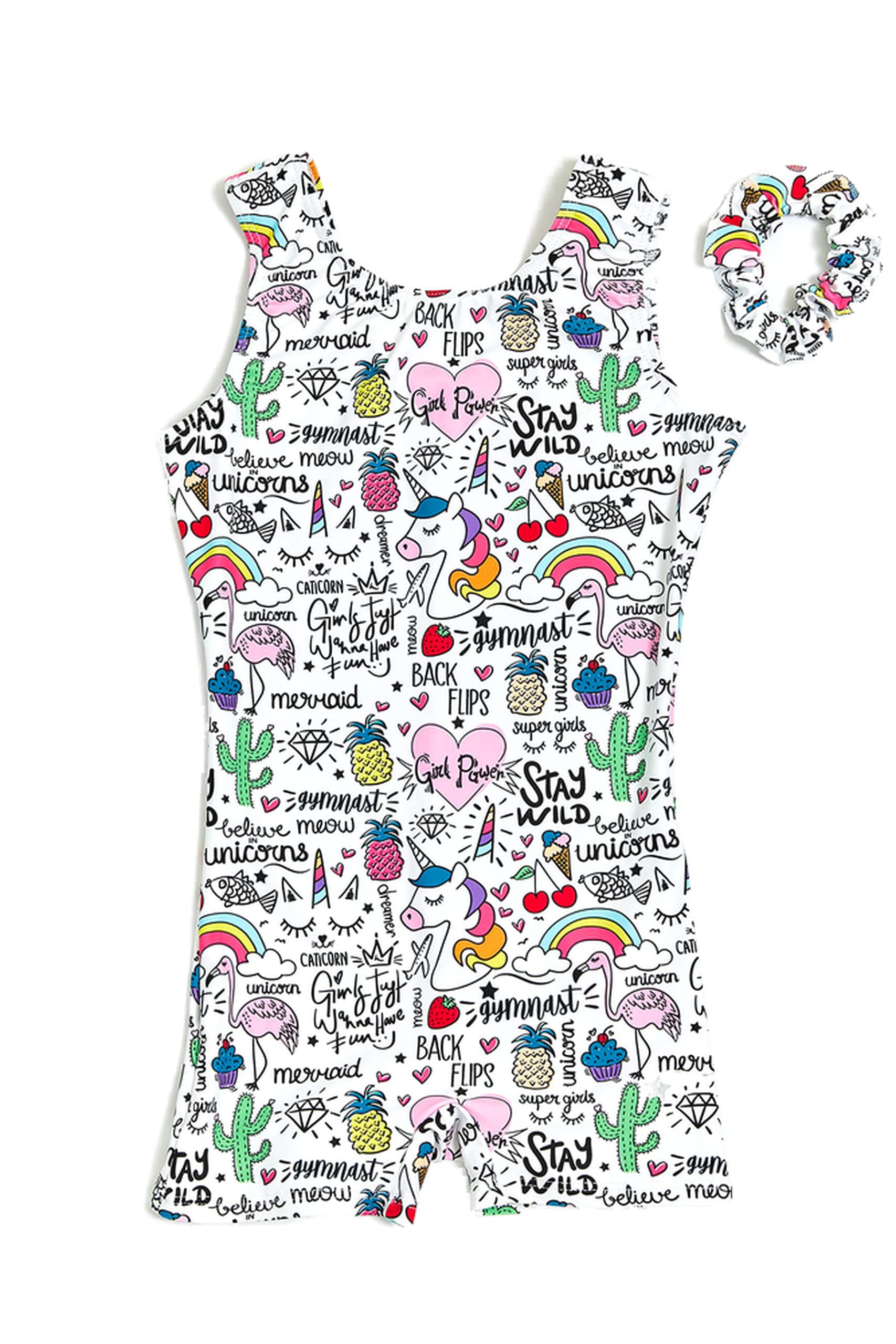 Destira Gymnastic Unitards for Girls with Matching Scrunchie, Unicorn Doodles - Biketard Athletic Wear, Gymnastics, Dance, Cheer, & More, Child Small (6x)