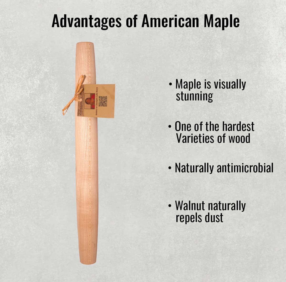French Rolling Pin Solid Rock Maple Handmade from Adult & Teen Challenge - 20" x 2" - Tapered Handles