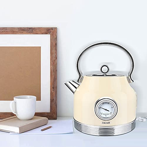 Electric Kettle Stainless Steel, Retro Water Boiler with Filter Thermometer Water Level Indicator LED Switch, Auto Shut-Off and Boil-Dry Protection (Beige)