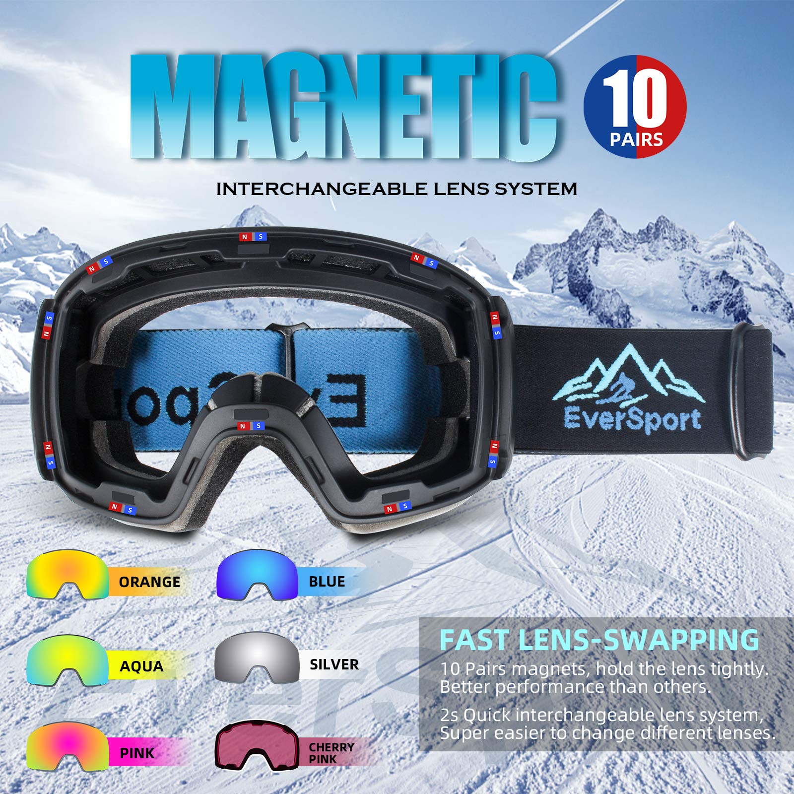 EverSport M81 Ski Goggles Pro, Magnetic Snowboard Snow Goggles for Women Men, UV Protection