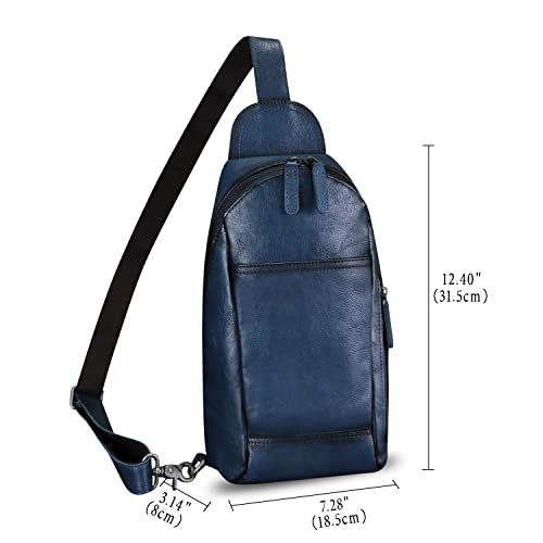FEIGITOR Genuine Leather Sling Bag Handmade Retro Crossbody Sling Backpack Purse Chest Shoulder Hiking Daypack Fanny Pack (Blue)