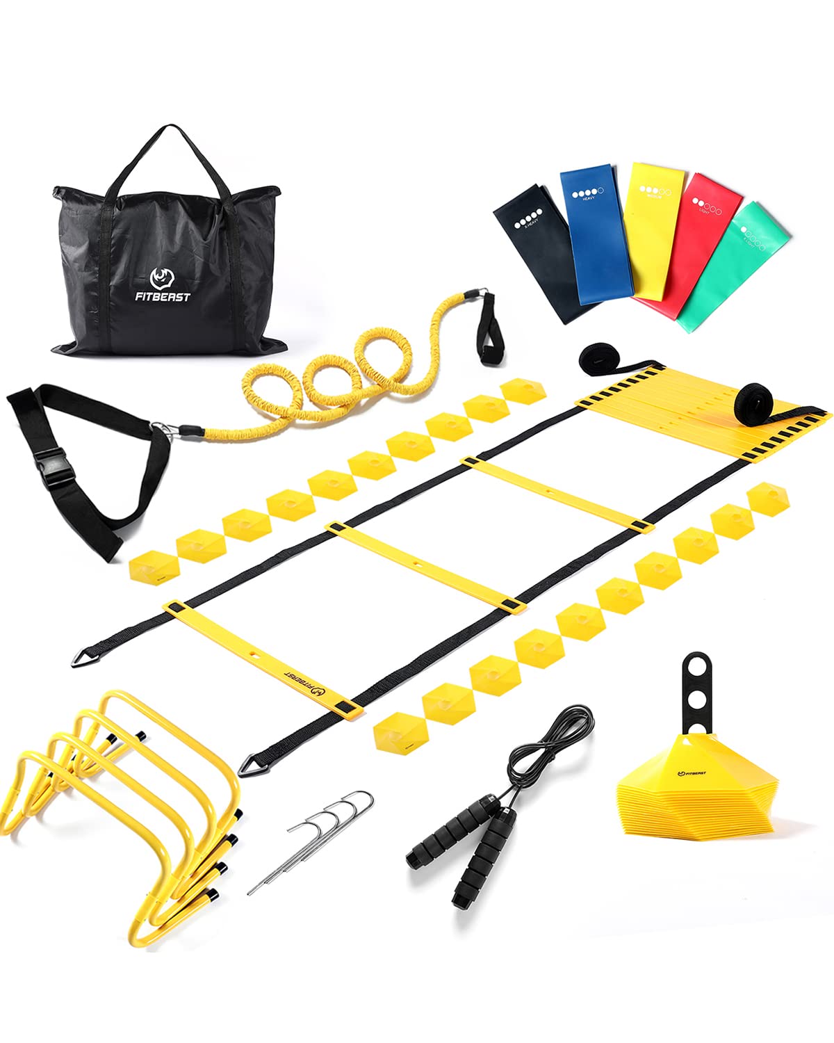 FitBeast Agility Ladder Agility Training Equipment | Includes Agility Ladder, 20 Cones, Resistance Rope, 4 Adjustable Hurdles, 5 Resistance Bands & Jump Rope, Agility Ladder Speed Training Equipment