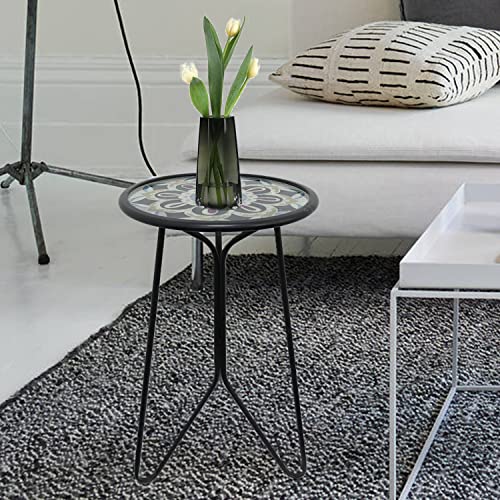 LIFFY Outdoor Side Tables, 12" Weather Resistant Metal & Glass Patio Accent Side Table, Indoor Small Round Home Decorative End Table, Plant Stands Table Outside, for Yard Balcony Garden Bedside