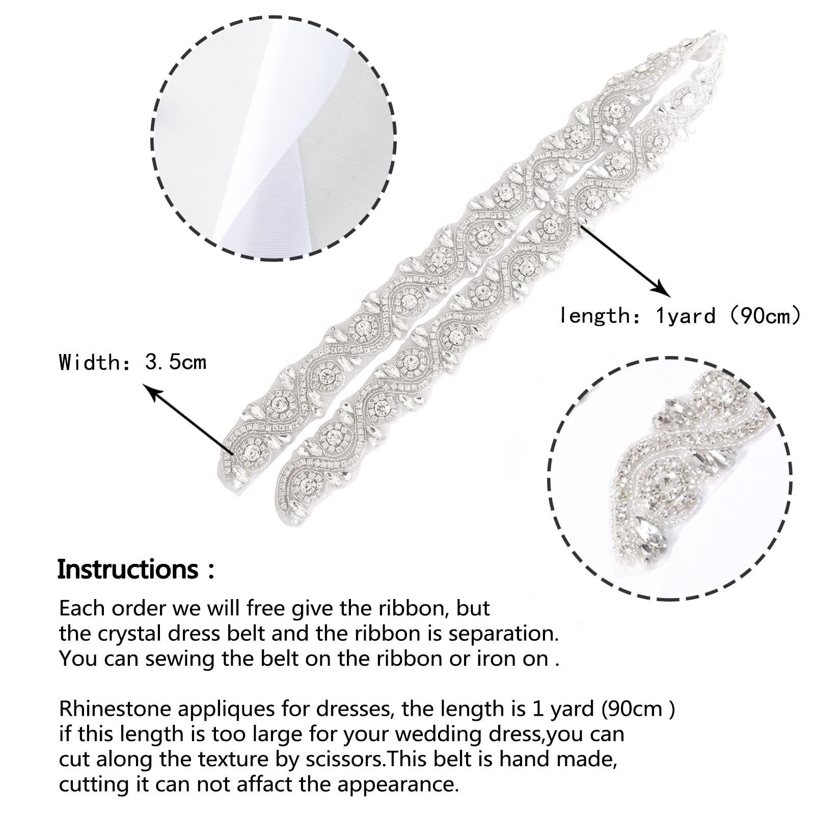 DUOBAO Wedding Belt Rhinestone Applique Crystal Rhinestone Trim 1 Yard Wedding Dress Belt Girls Beaded Sash Belt Silver