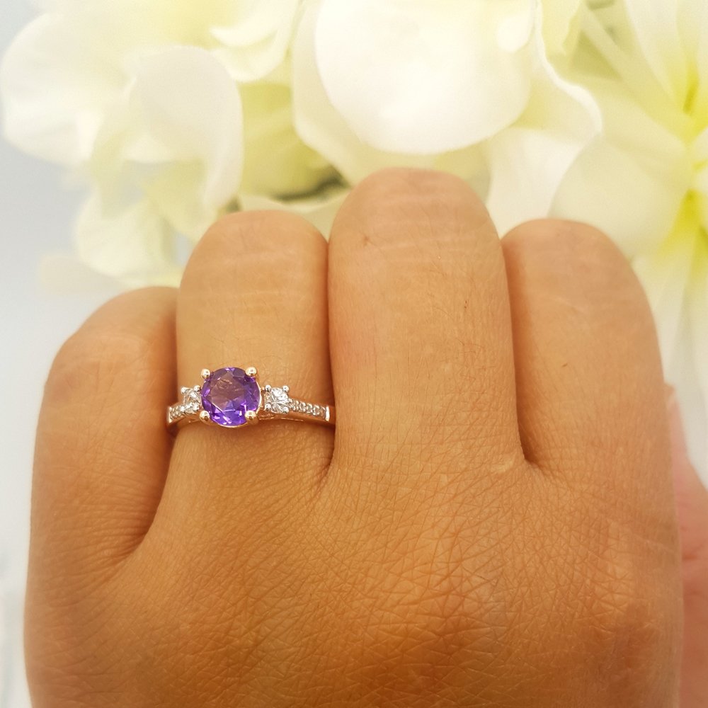 Dazzlingrock Collection 6 MM Round Amethyst,White Sapphire & Diamond Engagement Ring in 10K Rose Gold, Size 7