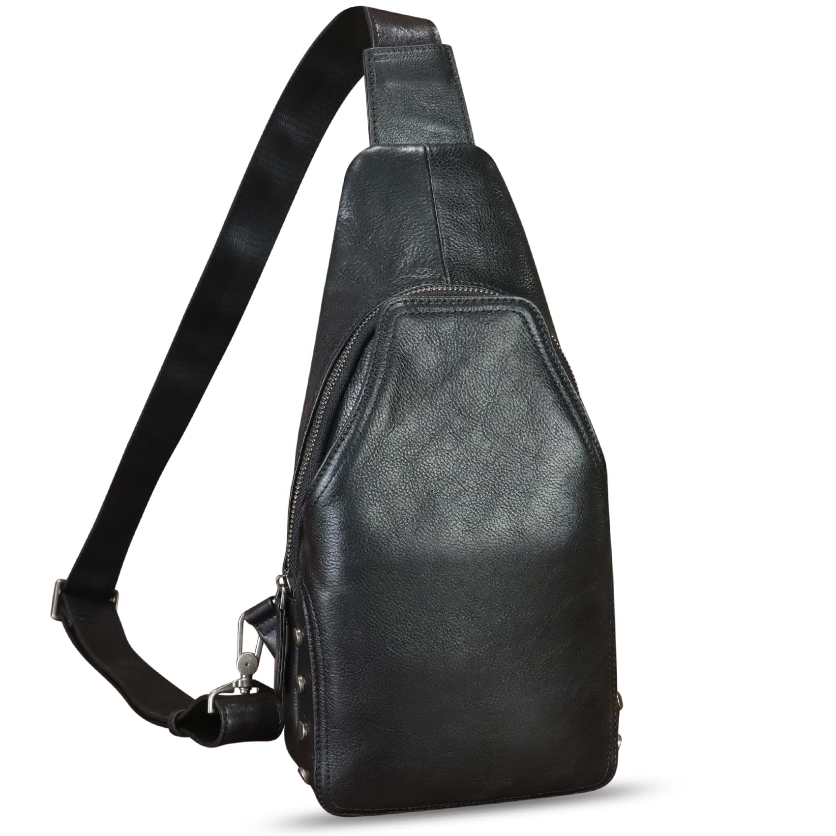 FEIGITOR Genuine Leather Sling Bag Retro Crossbody Sling Backpack Handmade Chest Shoulder Daypack Purse Fanny Pack (Black)