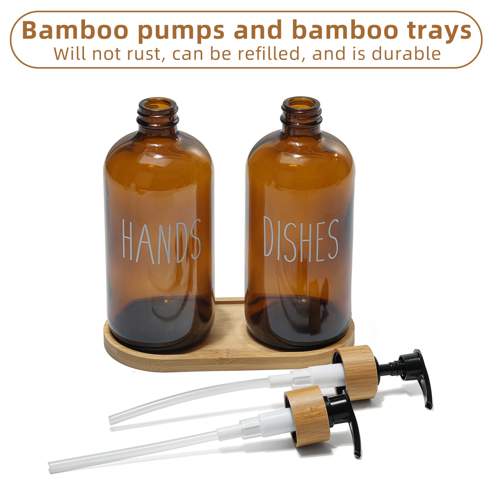 FEILANDUO Glass Soap Dispenser Set, Dish Soap Dispenser for Kitchen Sink, Hand Soap Dispenser for Bathroom with Bamboo Pump and Soap Tray, Farmhouse Home Decor (A- 2pcs Amber)