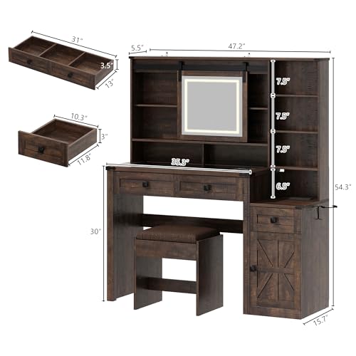 jiteentarou Farmhouse 47.2" Makeup Vanity Desk with Sliding Mirror and Lights, Vanity Set with Stool & Charging Station, 3 Colors Lights, Glass Desktop, Ample Storage, Brown