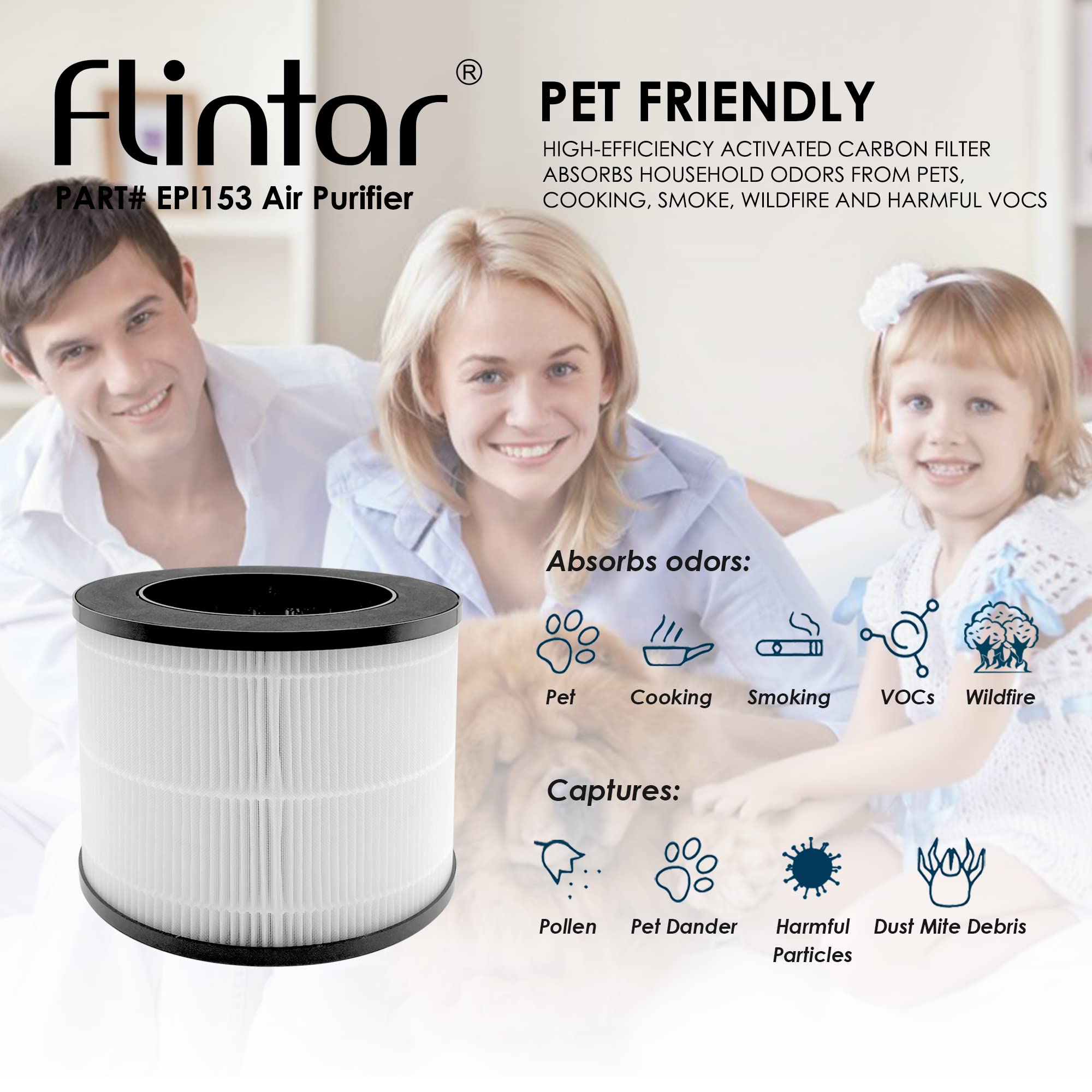 Flintar EPI153 Replacement Filter, Compatible with MOOKA and KOIOS EPI153 EP1153 Air Purifier EPI-153, 3-in-1 H13 Grade True HEPA and Activated Carbon Filter, 2-Pack