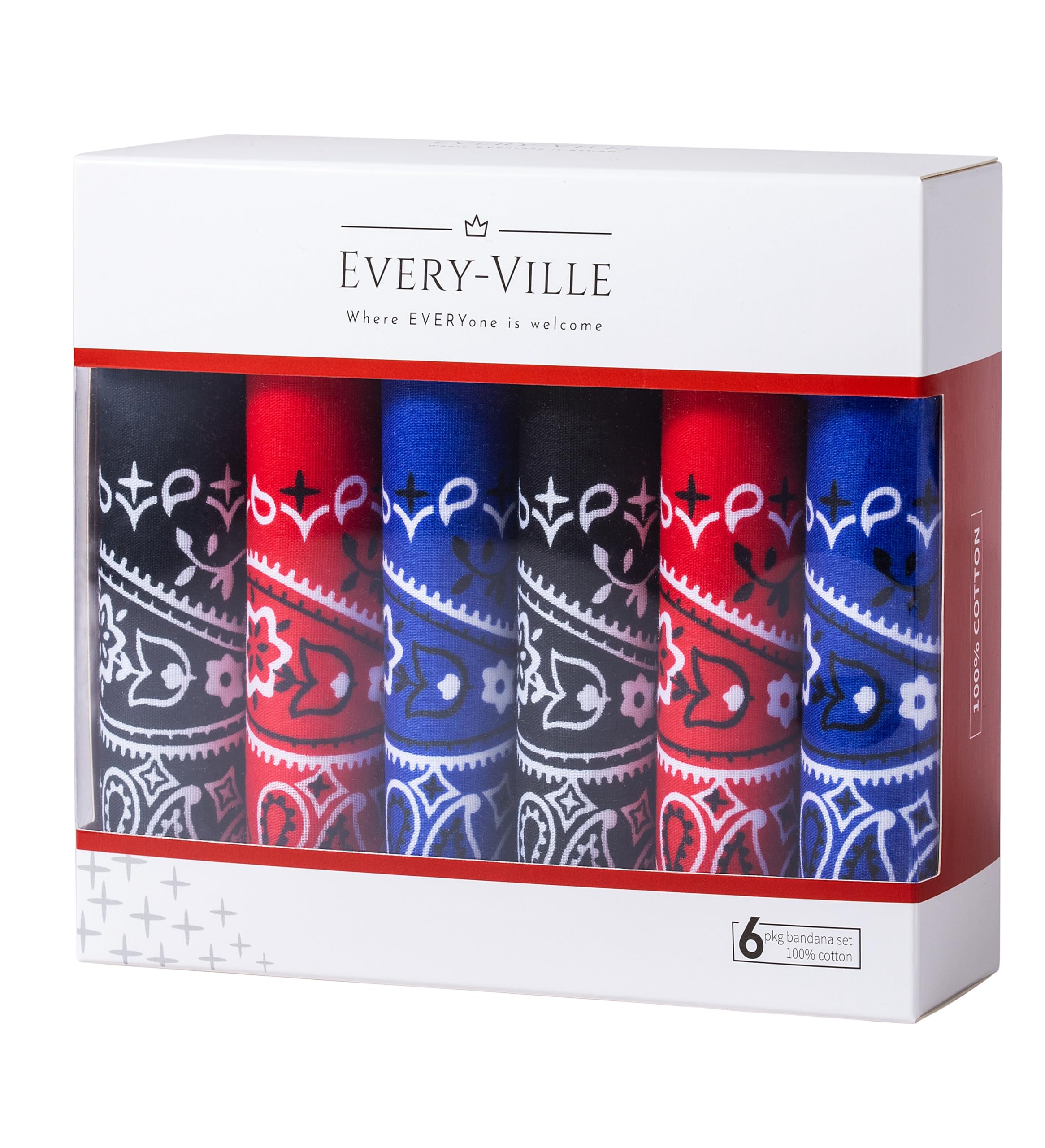 EVERY-VILLE Where EVERYone is Welcome 6-Pack Large Cotton Bandanas for Men - Paisley, 22x22 In, Red Black Blue - Cowboy Head Handkerchief Pocket Squares