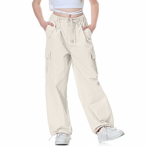 Rolanko Girls Parachute Pants, Cargo Pants for Girls Baggy Y2K Loose Jogger Trousers with Pockets for Kids (Beige, 8-10)
