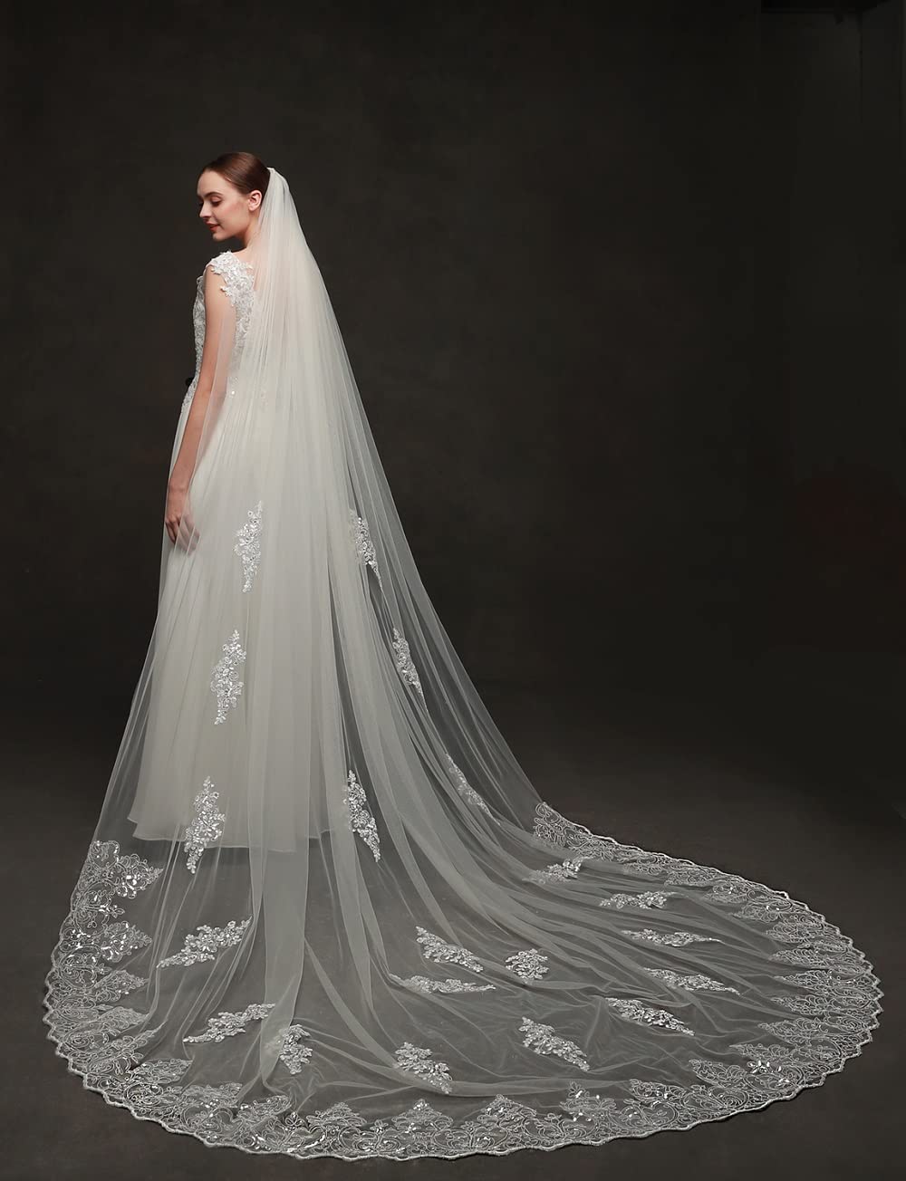 EllieHouse Cathedral 1 Tier Sequin Lace Wedding Bridal Veil White