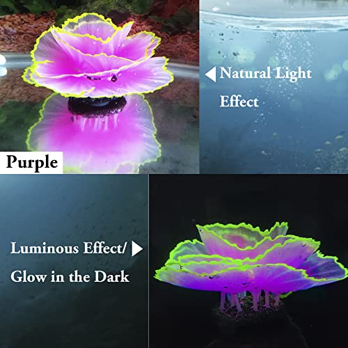 Livfodrm Aquarium Decorations Fish Tank Decor Glowing Coral Ornaments, 1pc Purple Silicone Flower Plants and 10pcs Sea Shells/Stone Glow in The Dark Large Fish Tank Accessories