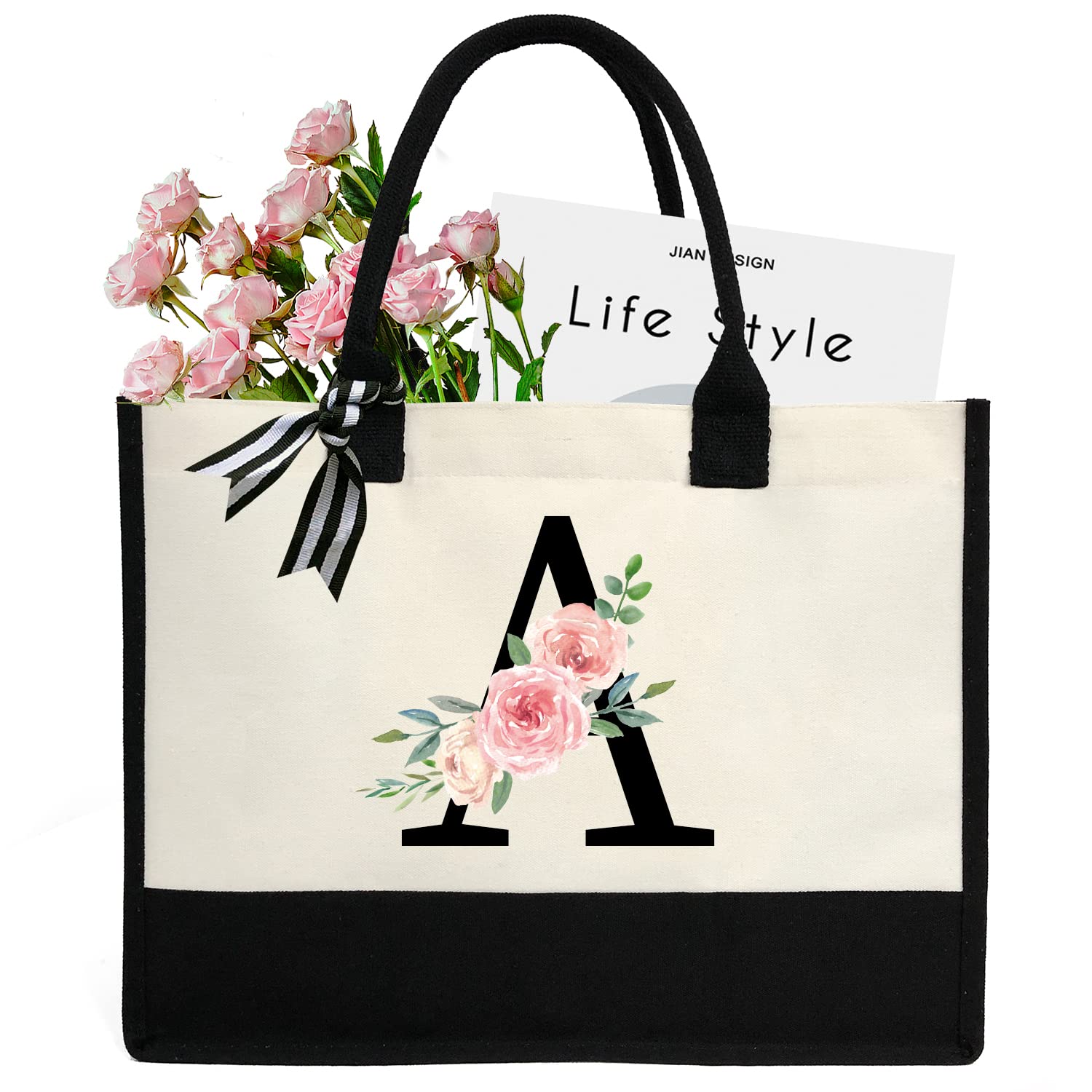 DEEZOMO Personalized Initial Canvas Tote Bag for Women, Beach Bag with Inner Zipper Pocket, Suitable for Wedding, Birthday, Beach, Holiday - Black(X)