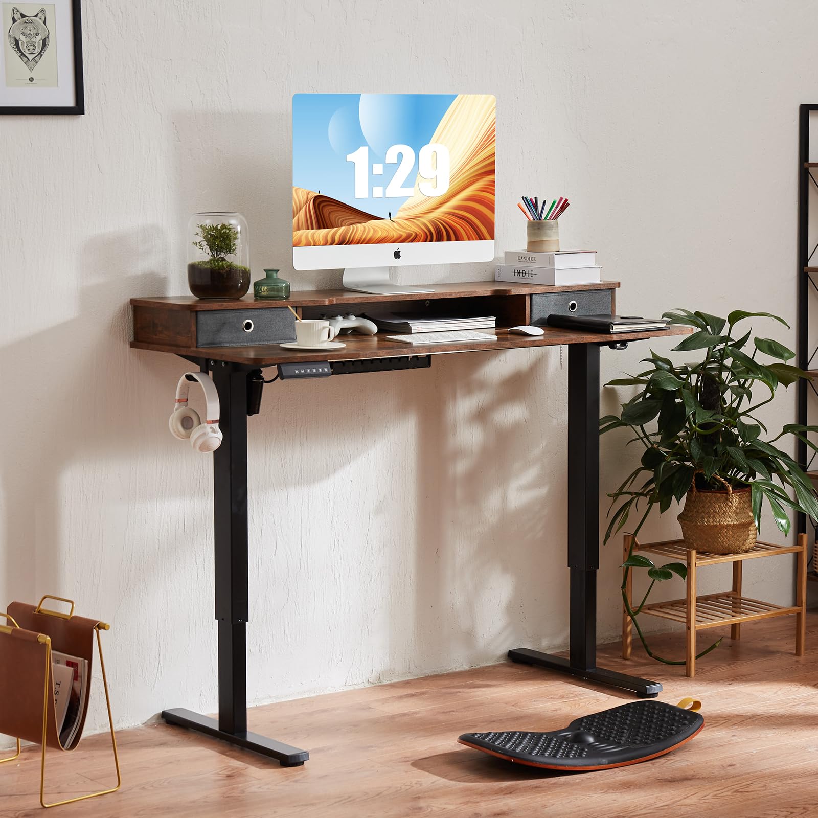 Electric Standing Desk Adjustable Height Stand Up Desk, 55 x 24 Inch Sit Stand Desk Adjustable Desk, Home Office Computer Desk with Storage Shelf, Double Drawer, Splice Board, Rustic Brown Desktop