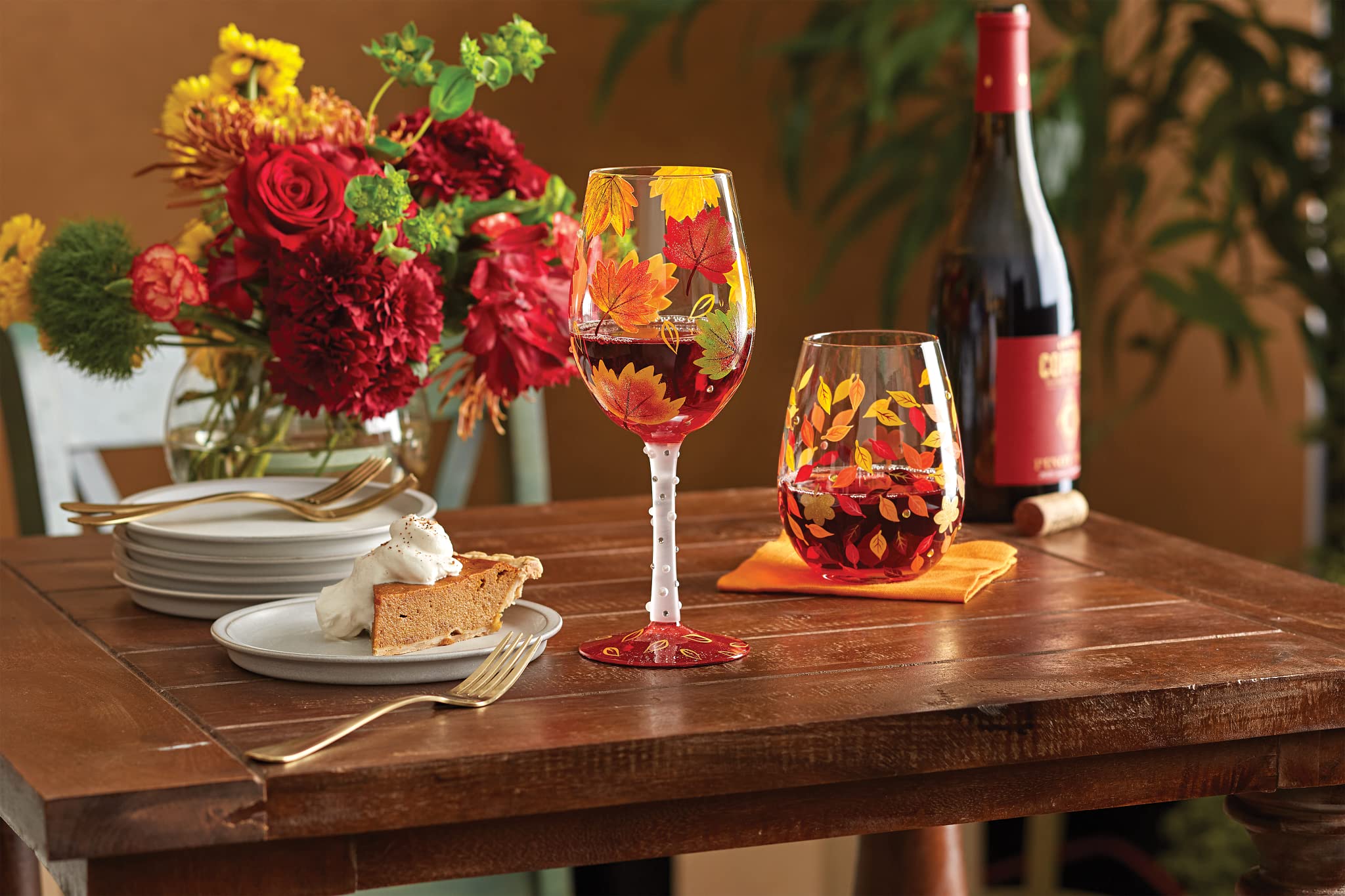 Enesco Designs by Lolita Leaves-a-Million Hand-Painted Artisan Stemless Wine Glass, 20 Ounce, Multicolor