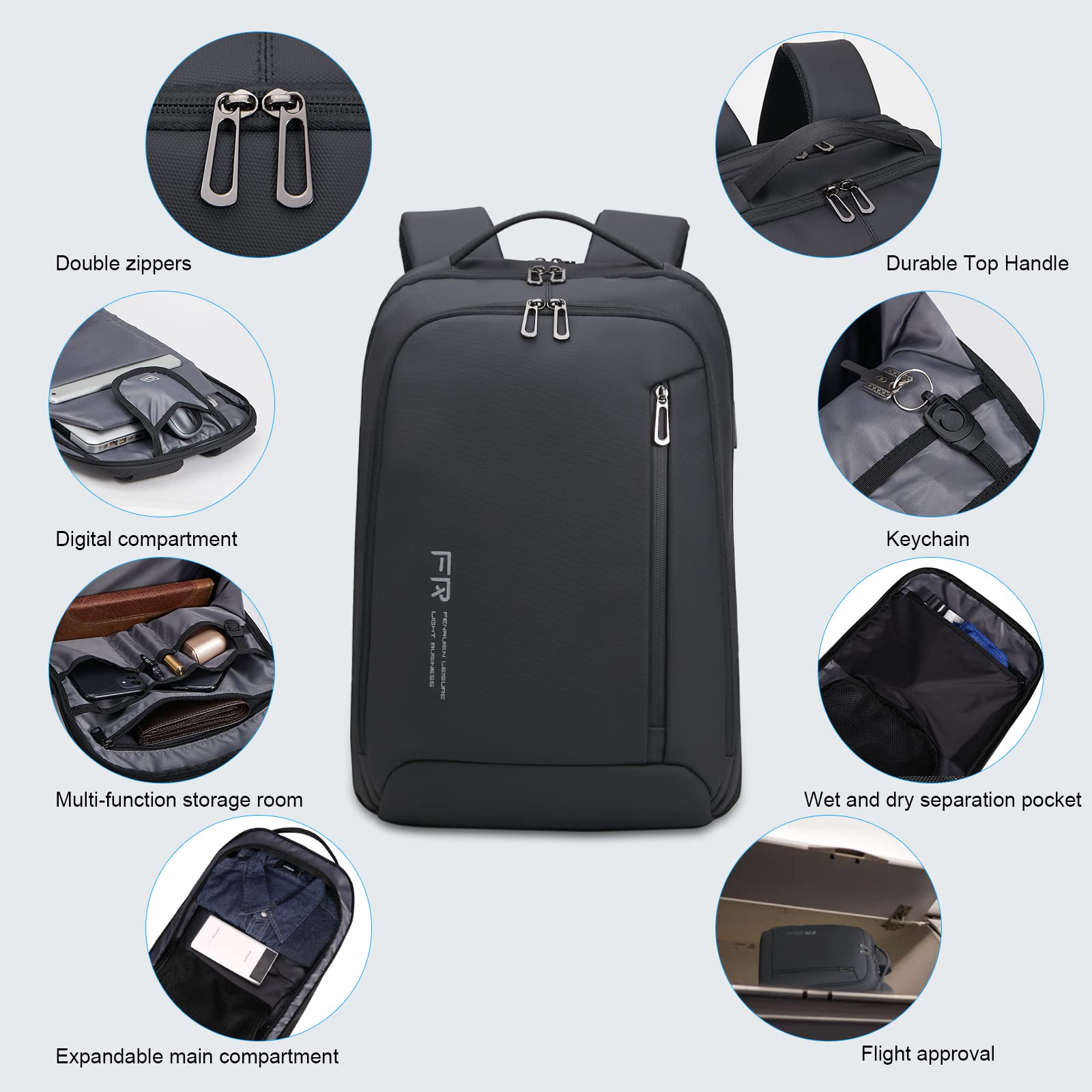 FENRUIEN Backpack for Men, Expandable 15.6 Inch with USB Port Men's Business Laptop Backpack, Bookbag Computer Backpack Water Resistant Weekender Carry On Casual Daypack for Work/College/Travel, Black