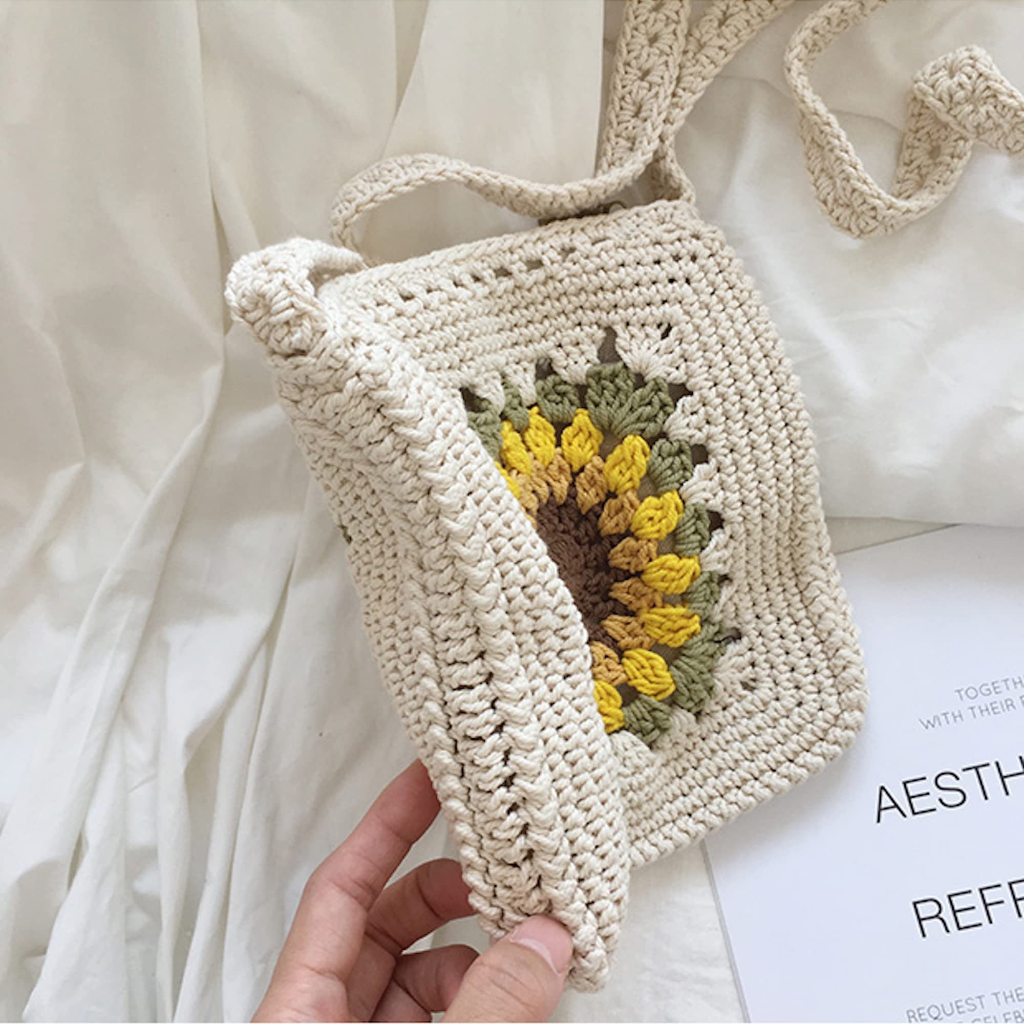 Elena Handbags Handmade Crochet Cotton Sunflower Shoulder Bag (White)