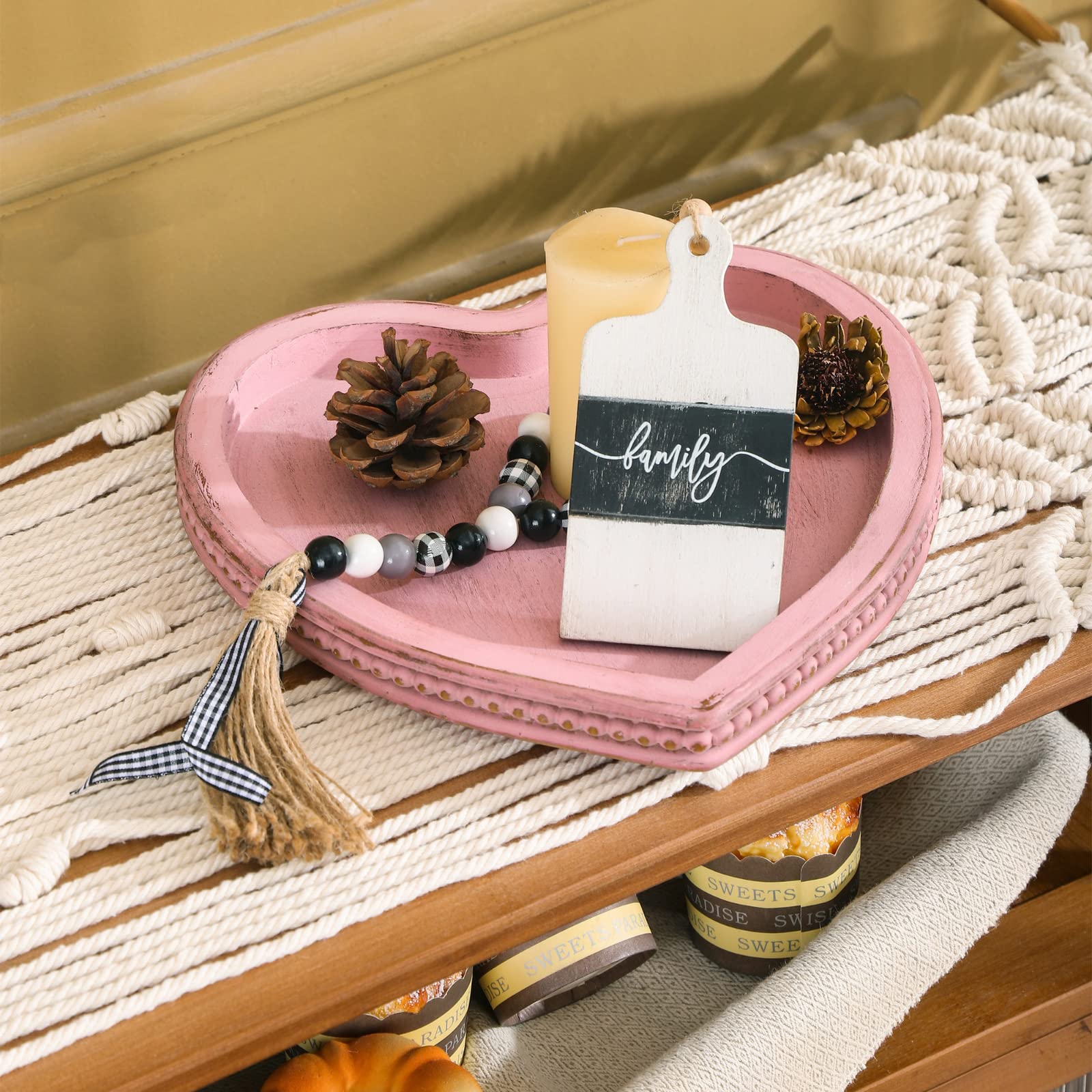 FESTWIND Heart Shaped Decorative Tray, Wooden Tray for Decor Coffee Table Dinning Table, Kitchen Island Decor Centerpiece, Farmhouse Tray Beaded Distressed Pink