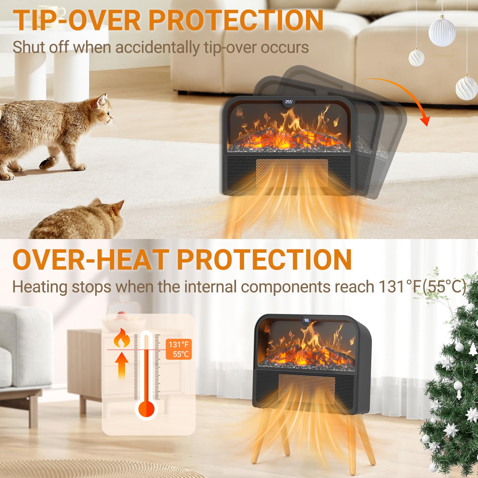 Electric Fireplace Heater, Freestanding Electric Fireplace with Realistic Flame & Solid Wood Stand, Portable Space Heater Fireplace for Indoor Use with 1-12H Timer, 59℉ to 95℉ Thermostat, 1500W