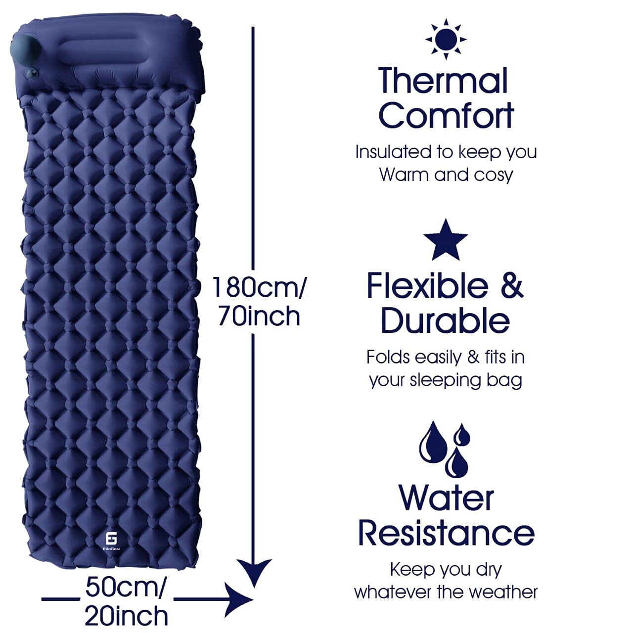 ElloGear Camping Self-Inflating Air Sleeping Pad Mat Foot Pump with Pillow, Great Compact Air Sleeping Pad for Tent Travel, Backpacking, Hiking, Sleeping Over (Navy)