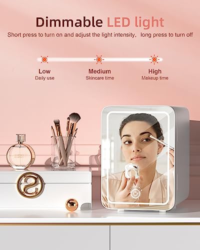 Skincare Fridge - Makeup Fridge With Dimmable LED Light Mirror, 4L Mini Fridge for Bedroom, Car, Office & Dorm, Cooler & Warmer, Portable Small Refrigerator for Cosmetics, Skin Care and Food, White