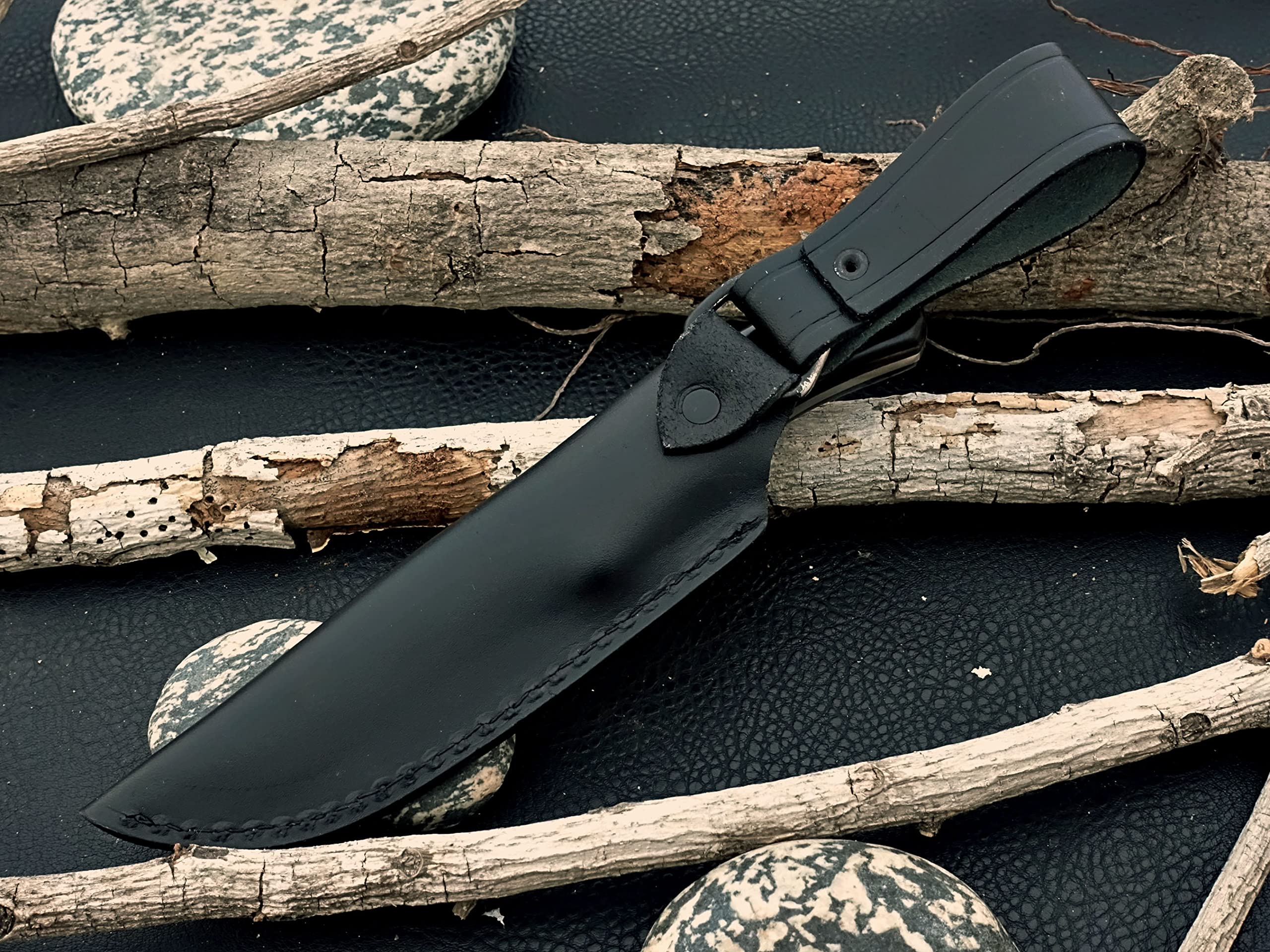 D2 Hunting Knife Skinner knife Fixed Blade Knife 8 1/2'' Overall Buffalos Horn Handle with Cow Hide Leather Sheath BW-4149