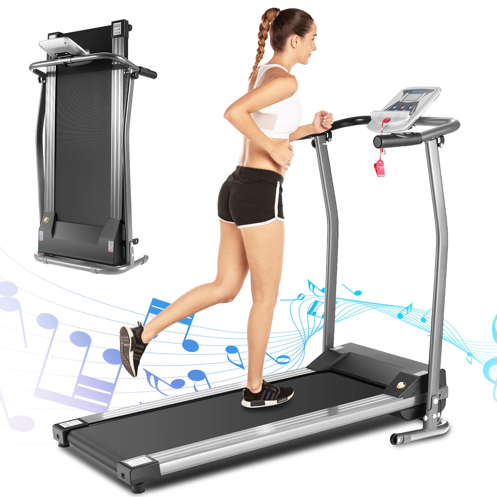 Electric Folding Treadmill for Small Spaces, Ultra-Quiet Portable Exercise Running Machine for Home Workout with 12 Programs & LCD Screen (Gray)