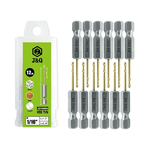 J&Q 1/16" Hex Shank Drill Bits, High Speed Steel Titanium Drill Bit Set for Steel, Quick Change Small Drill Bits for Metal (Pack of 12 Identical Pcs)