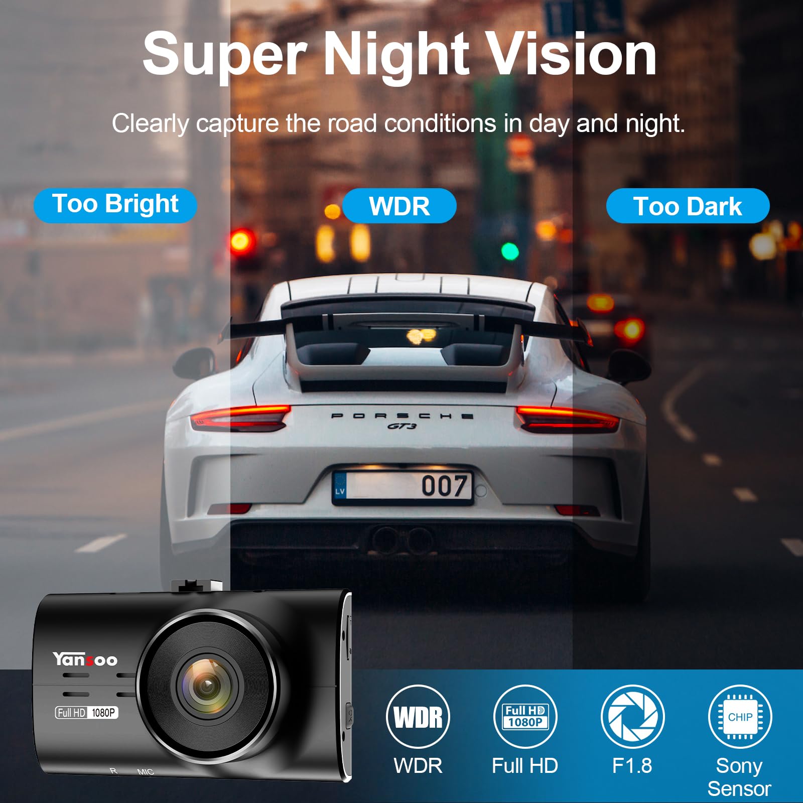 Dual Dashcams for Cars Front and Rear,1080P Super Night Vision Dash Cam Front and Rear,3" IPS Dual Dash Camera for Cars with G-Sensor,Loop Recording,Parking Monitor,Motion Detection