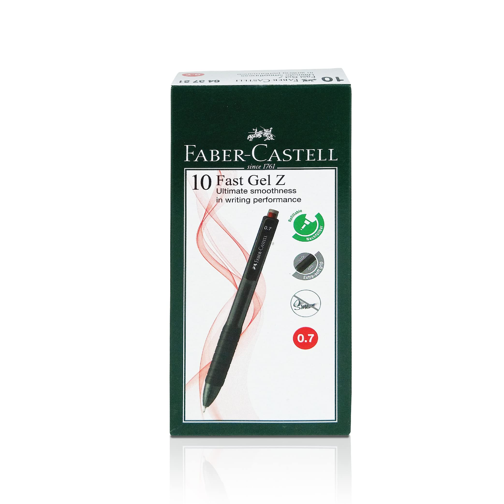Faber-Castell Fast Gel-Z Box of 10 (0.5/0.7mm - Black/Blue/Red) Super Smooth Gel Ink, Water-Proof, Ergonomic Writing, Non-Smudging (0.7mm (Red))