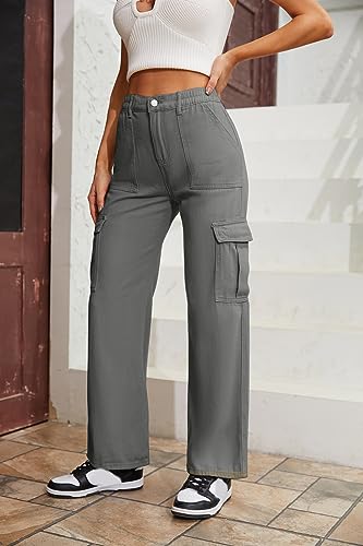 QYANGG High Waist Cargo Pants Women Stretch Baggy Cargo Pants Women Multiple Pockets Relaxed Fit Straight Wide Leg Y2K Pants Grey
