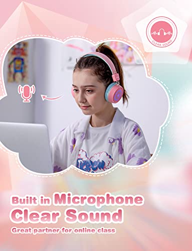 Link Dream Kids Bluetooth Headphones with Microphone for School On-Ear Headphone Toddler Children Wireless Headphone Headset with LED Lights Compatible with Cellphone/Computer/Tablet/iPad (Pink)