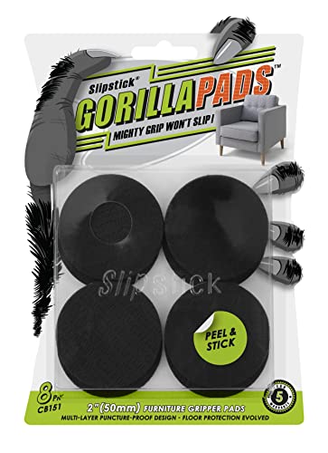 Slipstick GorillaPads Non Slip Furniture Pads/Gripper Feet Floor Protectors (Set of 8) Premium 2 Inch Round Self Adhesive Rubber Stoppers for Furniture Legs, Black, CB151