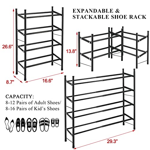 LNYZQUS 4-Tier Expandable Shoe Rack,Stackable Sturdy Shoe Shelf Shoes Stand,Metal Slim Closet Shoe Racks Organizer Adjustable Long Sneaker Rack For Closet Entryway-Black