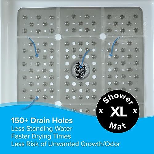 SlipX Solutions Accu-Fit Square Shower Mat, Extra Large 27"x27", Non-Slip Stall Mat for Elderly & Kids Standing Bath Tub Mat, Machine Washable, Suction Cups, Transparent Gray