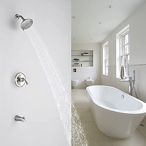 HOMELODY Shower Faucet with Tub Spout Brushed Nickel Shower Faucets Sets Complete 6 Inch Shower Head 5-Function Spray Shower Tub Kit Shower System with Single-Handle Shower Combo