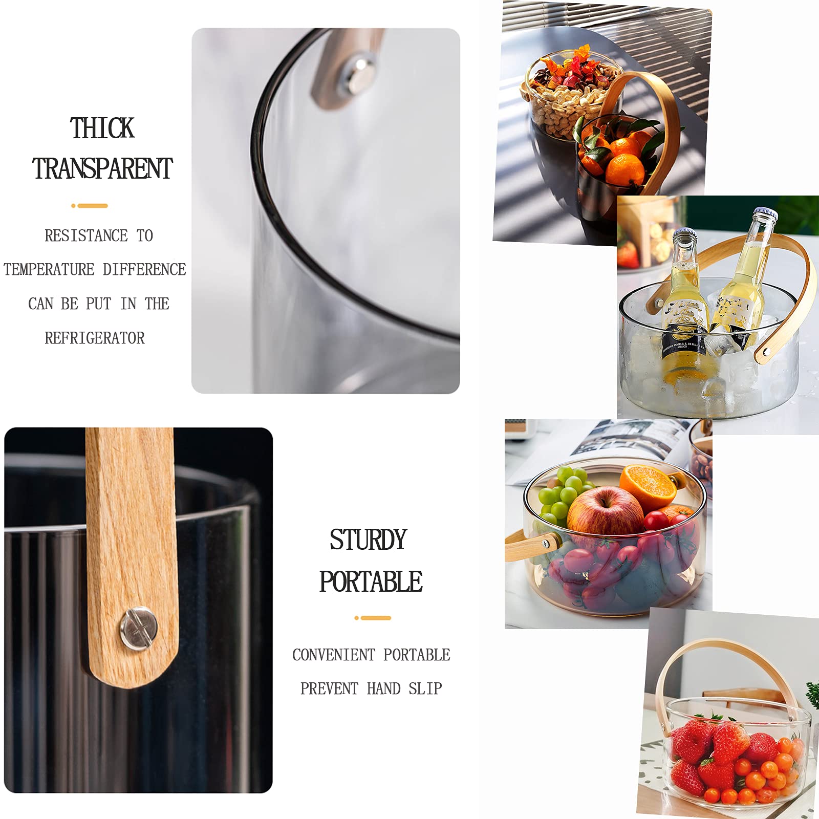 Funnyroom Clear Glass Fruit Serving Bowl, Nuts Dry Fruit Snack Tray with Wood Divider and Lid, Berry Vegetables Basket with Handle for Kitchen Fridge Storage Containers (Glass Basket-Large)