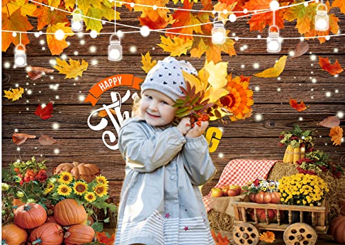 Dudaacvt 7x5ft Thanksgiving Photography Backdrop Rustic Wooden Floor Barn Harvest Background Thanksgiving Turkey Autumn Pumpkins Backdrop Thanksgiving Party Decoration Backdrop D643