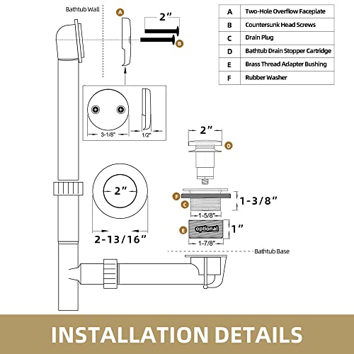 GETPRO Tub Drain Gold,Tip Toe Bath Tub Drain Kit with Two-Hole Overflow Faceplate,Bathtub Drain Trim Set Conversion Replacement Assembly with Universal Fine & Coarse Thread Brushed Gold