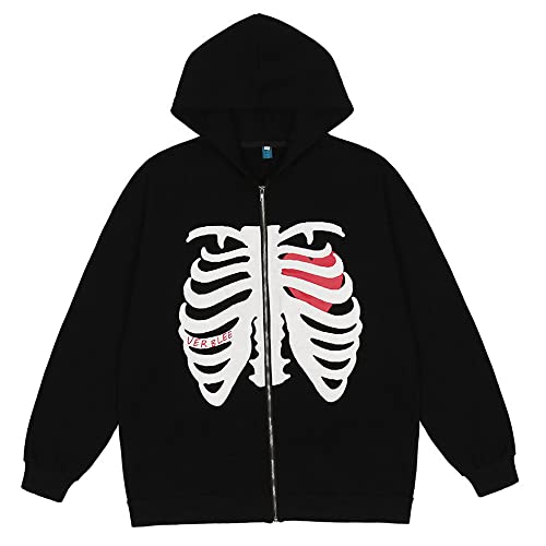 Liposhion Men Women Zip Up Hoodies Goth Skeleton Hand Graphics Y2K Harajuku Novelty Sweatshirt (B1,M)