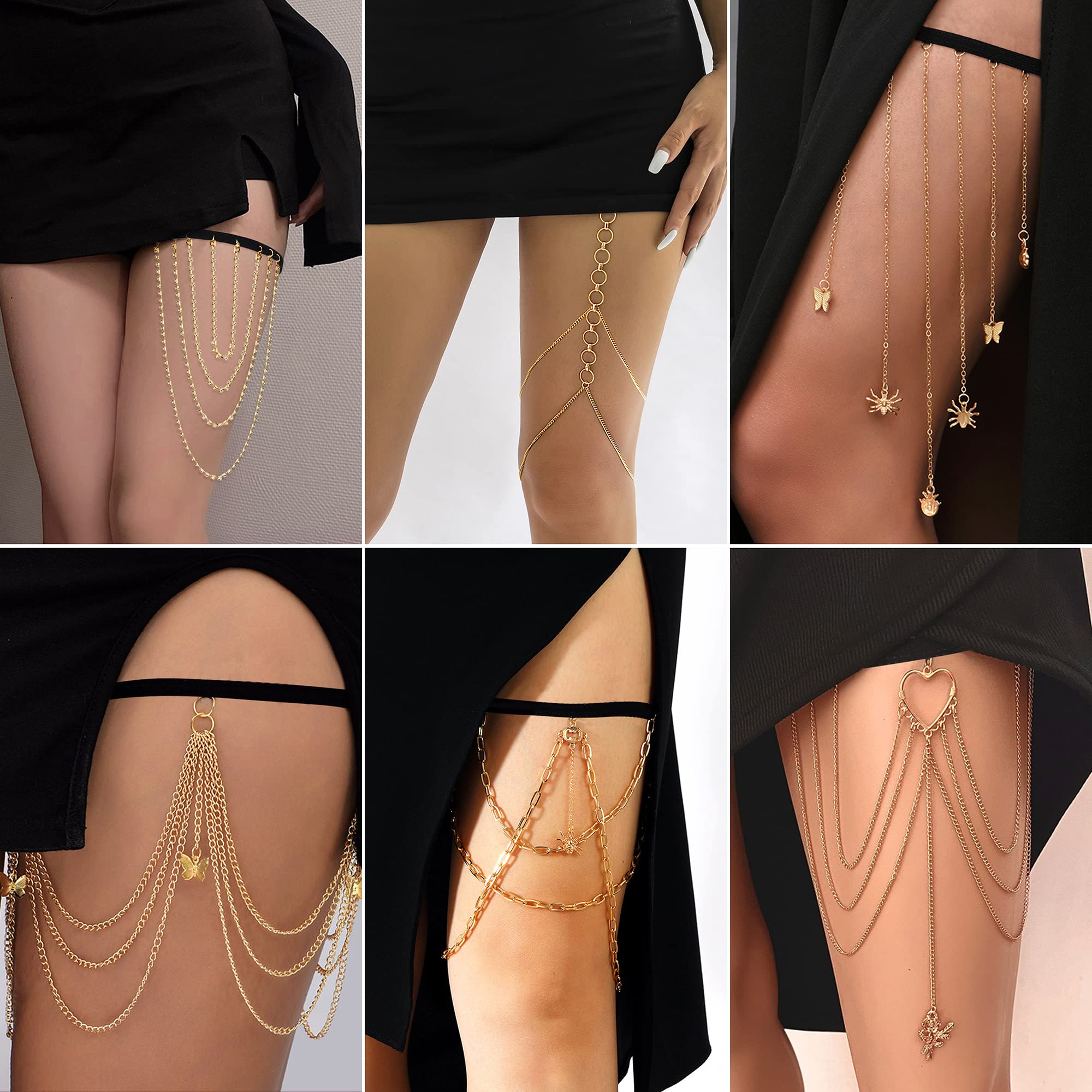 Florideco 9PCS Leg Chains Thigh Chain Jewelry for Women Snake Crystal Boho Layered Beach Body Chains Thigh Jewelry for Summer Gold