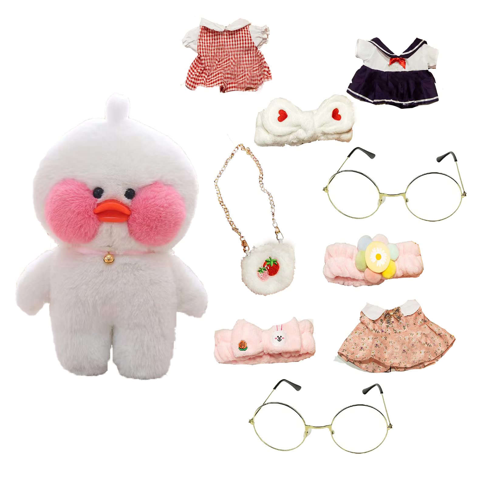 Duck Stuffed Animal Toy with 9 Outfits and Accessories to Match DIY Dress Up Clothes for Duck Plush Toy for Kidsďź12inchďź (1White Duck)