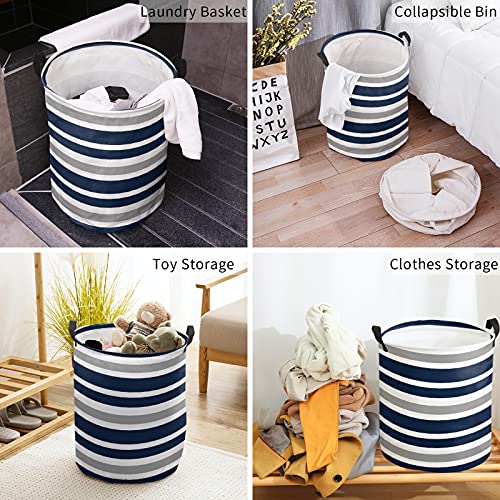 Laundry Basket Striped,Waterproof Collapsible Clothes Hamper Navy Blue Gray and White Stripe,Large Storage Bag for Bedroom Bathroom 16.5x17In