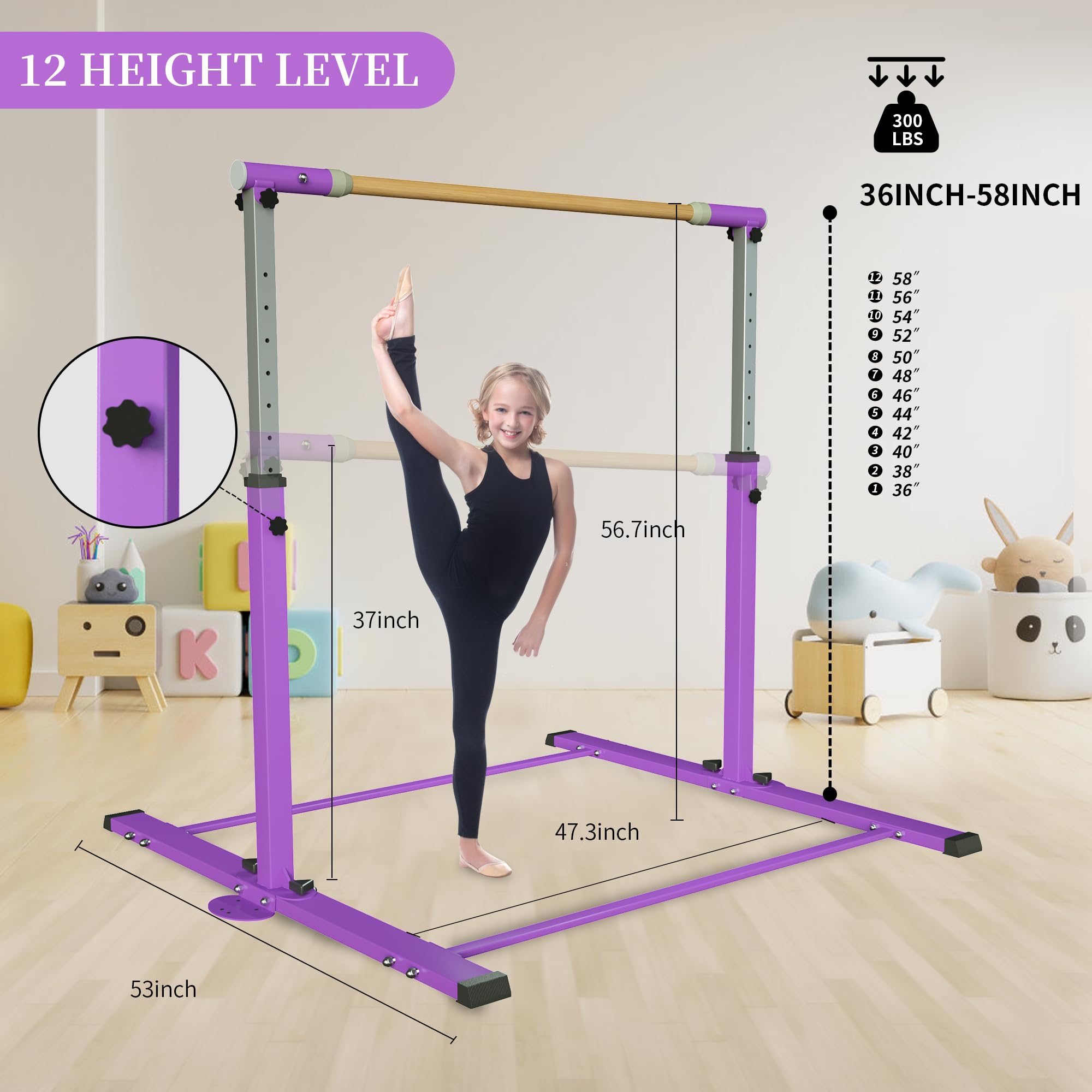 EL&IT·Wings Kip Bar,Horizontal Bar,Adjustable Height 3'-5' Gymnastics Bar,Fiberglass Rail & 304 Stainless Steel Regulating Arms,Kids and Gymnast Exercise Home&Gym Club Use (53*9.7*7inch, Purple, 1)