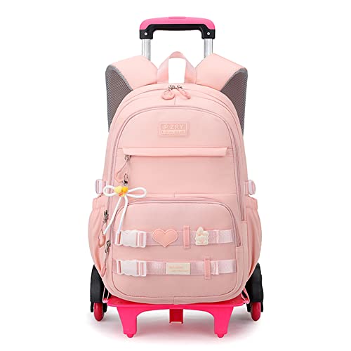 MITOWERMI Girls Rolling Backpack for School Boys Wheeled Backpacks for Women Kids Trolley Bags Pink Roller Bookbag for Elementary Middle Students