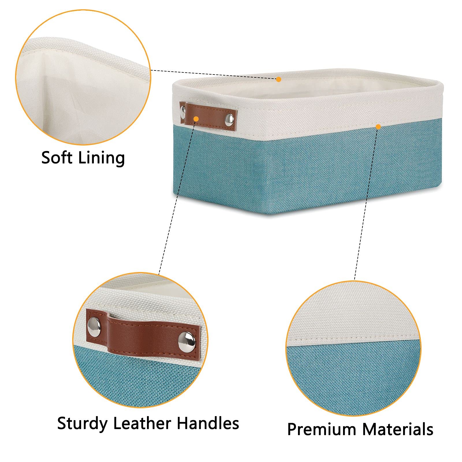 DULLEMELO Collapsible Bundle Baskets 6 Small Baskets 11.8"x7.9"x5.1" + 2 Narrow Baskets 15"x6"x5.5"(White&Teal)